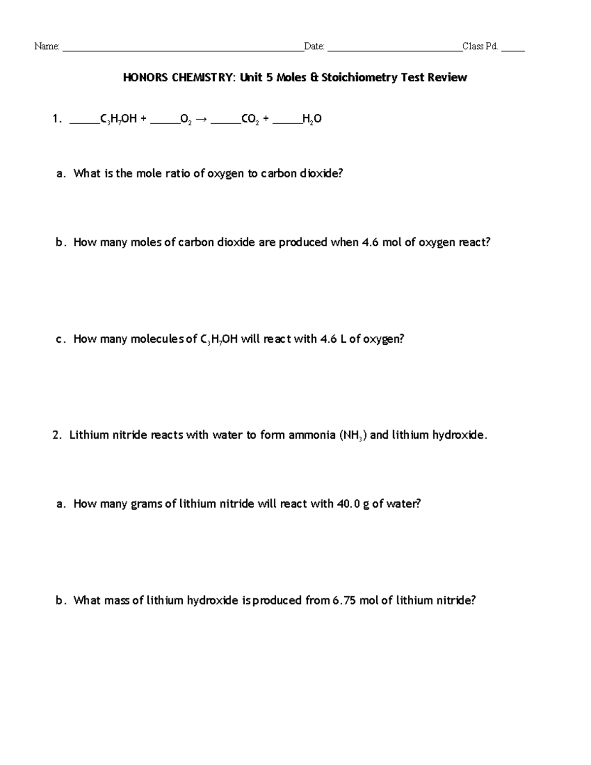 Unit 5 test review s2018 - **HONORS CHEMISTRY: Unit 5 Moles ...