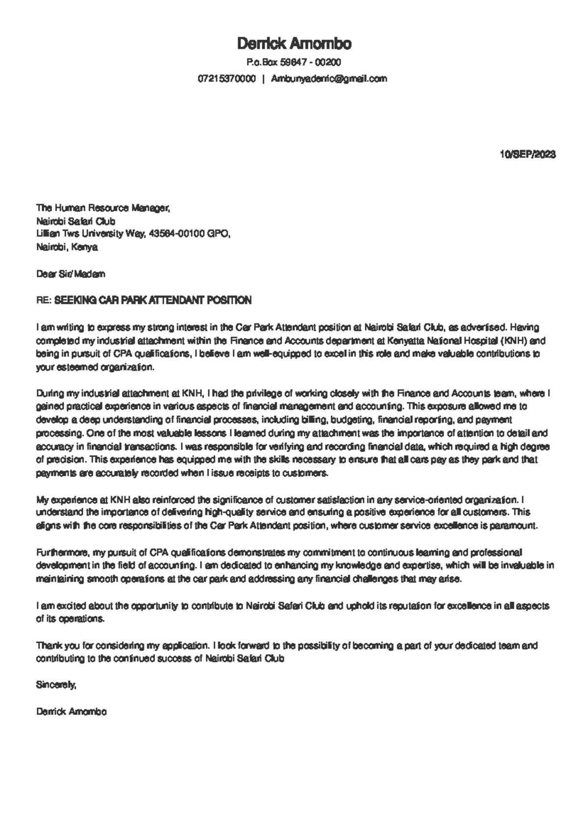 Cover letter car park - Derrick Amombo P.o 59647 - 00200 07215370000 ...