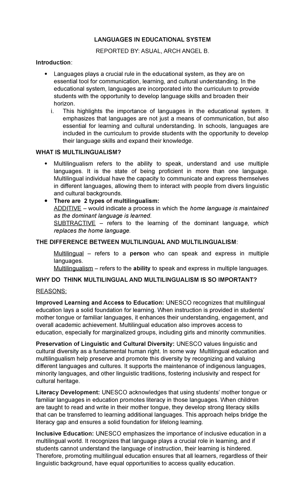 Report-ELT2 - LANGUAGES IN EDUCATIONAL SYSTEM REPORTED BY: ASUAL, ARCH ...