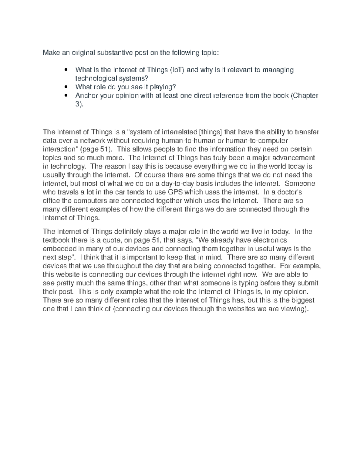 ID - Role of Internet of Things (CO 4) - Make an original substantive ...