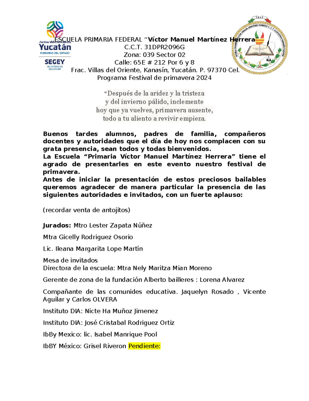 Programa de festival de primavera - ,.ESCUELA PRIMARIA FEDERAL “Víctor Manuel Martínez Herrera ...