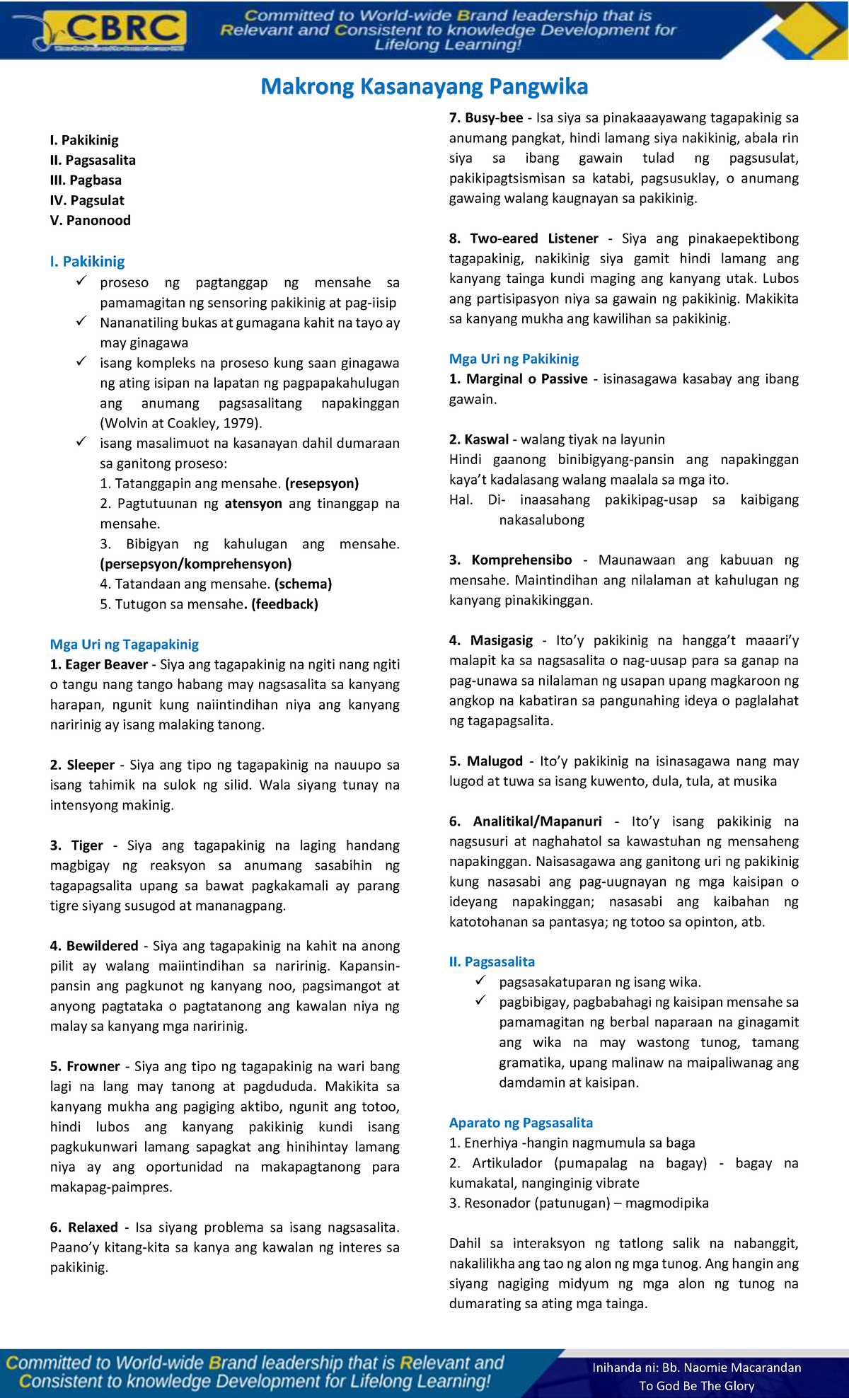 Makrong Pangkasanayang Wika - I. Pakikinig II. Pagsasalita III. Pagbasa ...