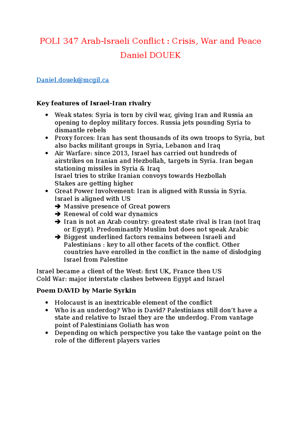 L01 - DANIEL DOUEK - POLI 347 Arab-Israeli Conflict : Crisis, War and ...