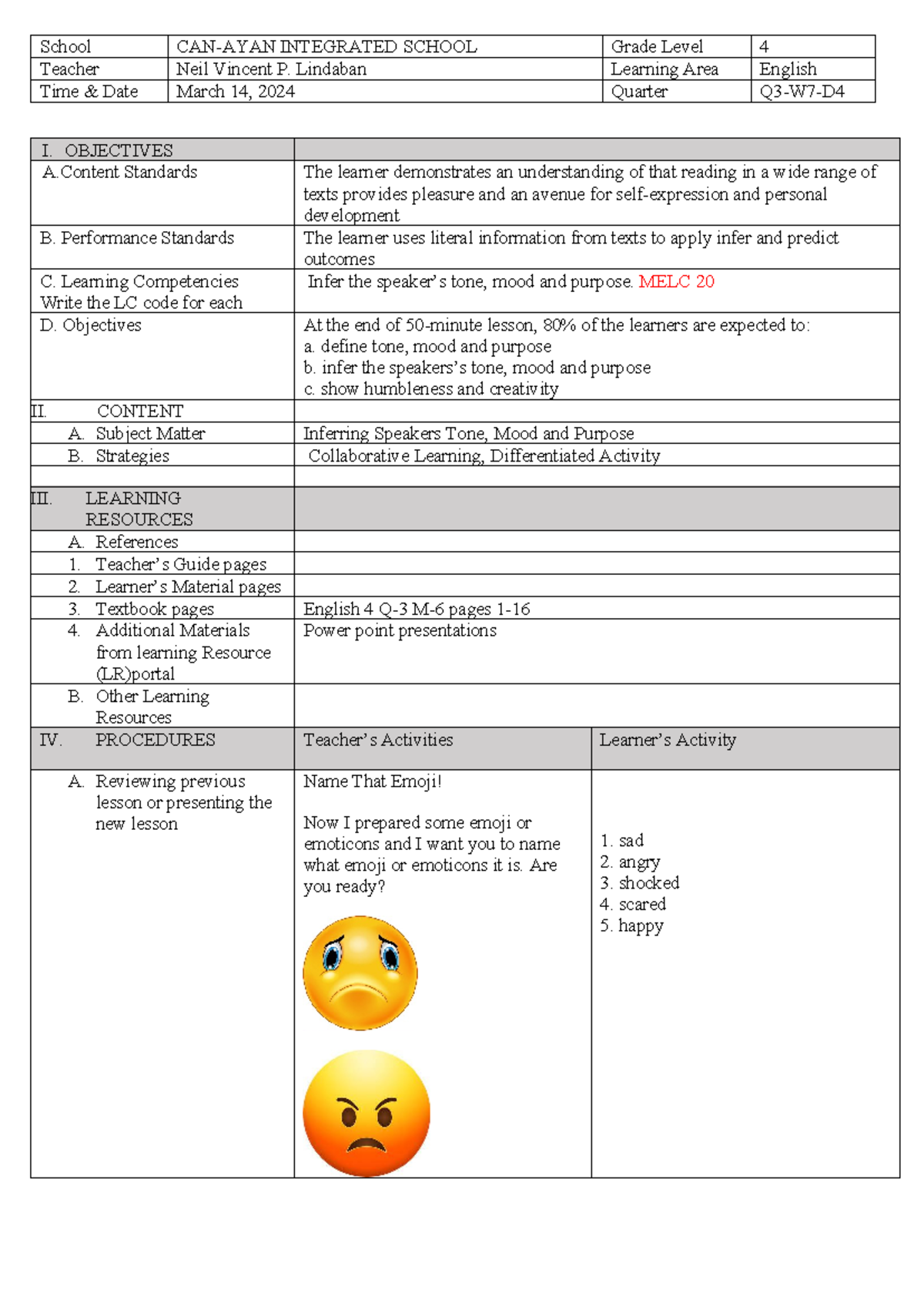 English 4 lesson plan- March 14 - School CAN-AYAN INTEGRATED SCHOOL ...
