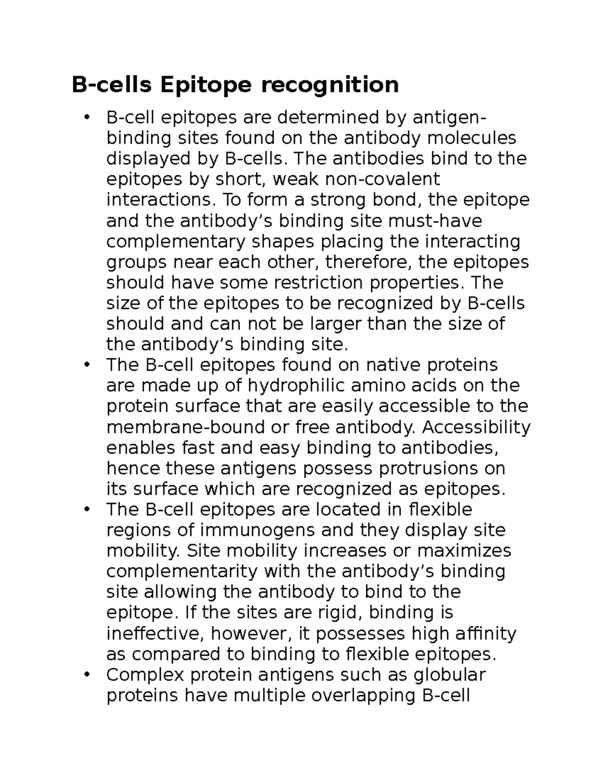 Bio 41 - Notes - B-cells Epitope recognition B-cell epitopes are ...