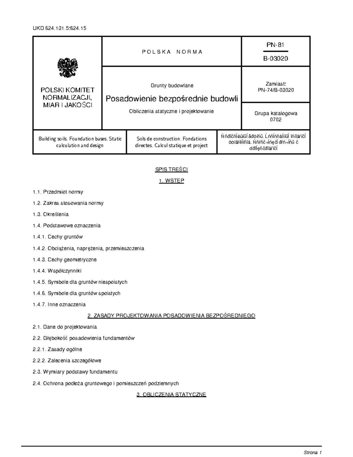 PN-81-B-03020-Grunty budowlane.Posadowienie bezpośrednie bud - UKD 624. ...