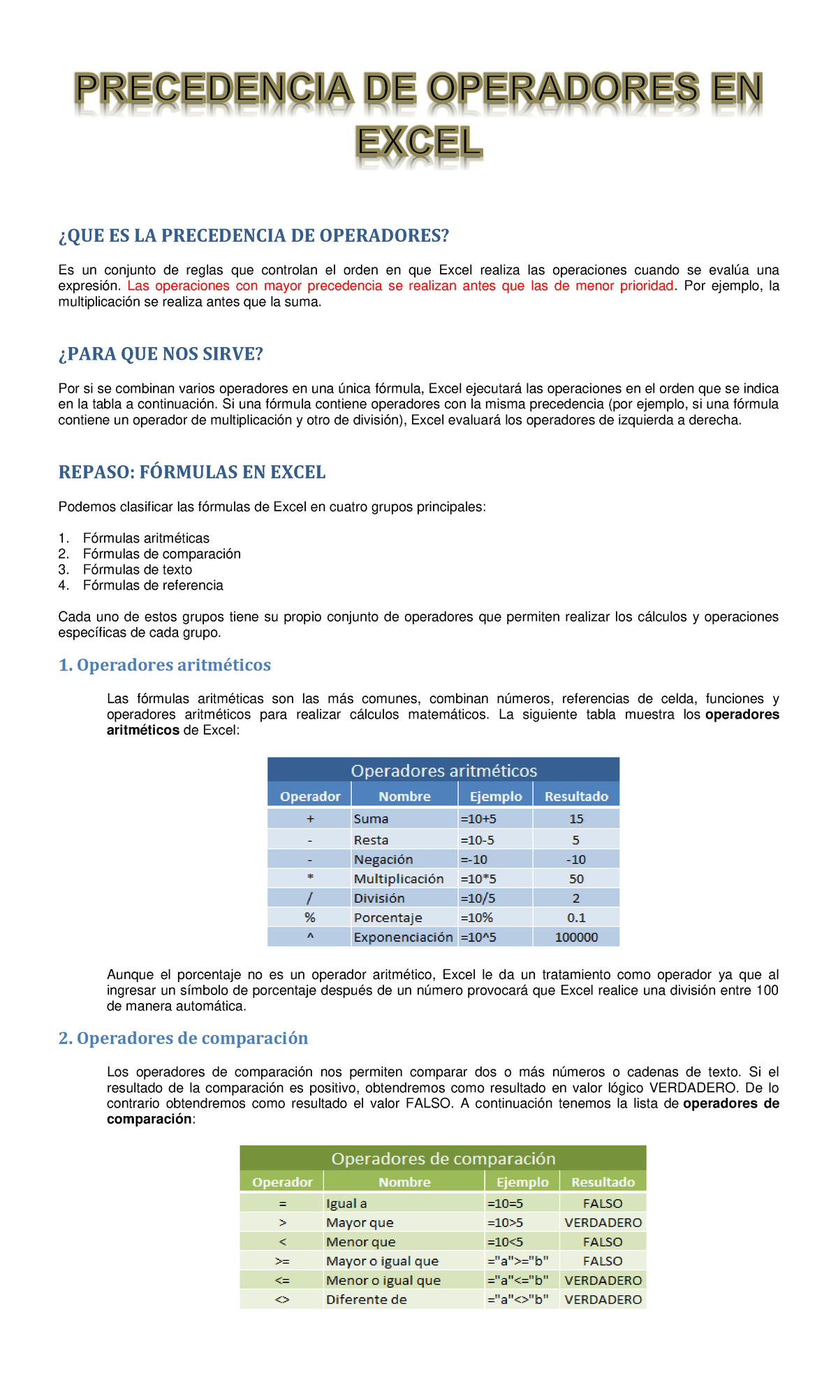 Precedencia DE Operadores EN Excel Alumnos - ¿QUE ES LA PRECEDENCIA DE OPERADORES? Es un ...