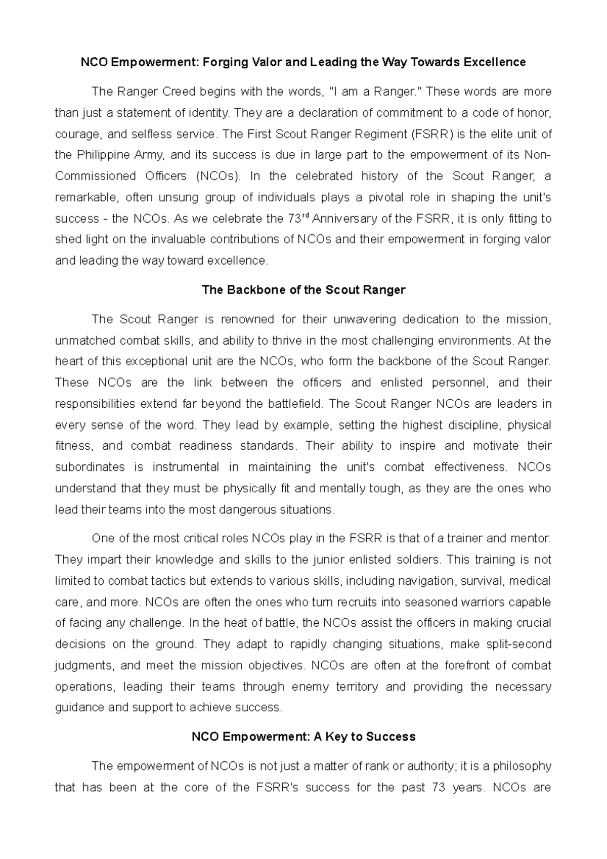 NCO Empowerment Forging Valor and Leading the Way Towards Excellence ...