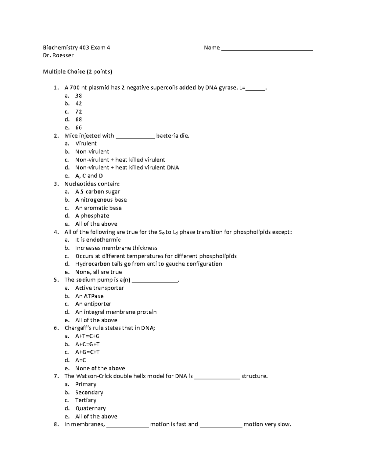 Practice exam 4 - Biochemistry 403 Exam 4 Name ...