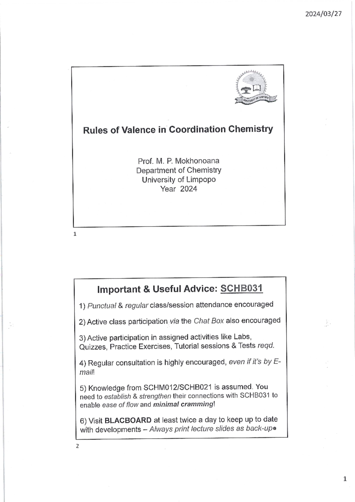 L1 - Rules of Valence in Coordination Chemistry 2024 - SCHB031 - Studocu