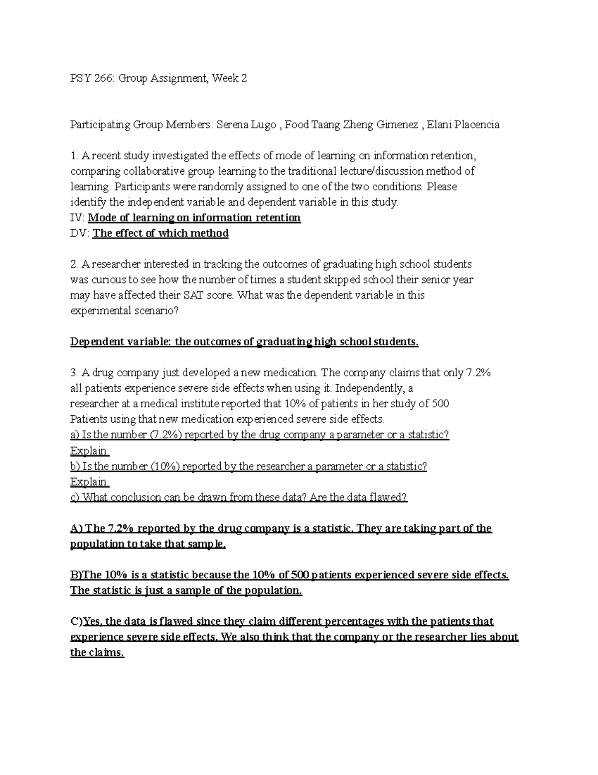 PSY 266 Week 2 - Group Assignment - PSY 266: Group Assignment, Week 2 Participating Group ...