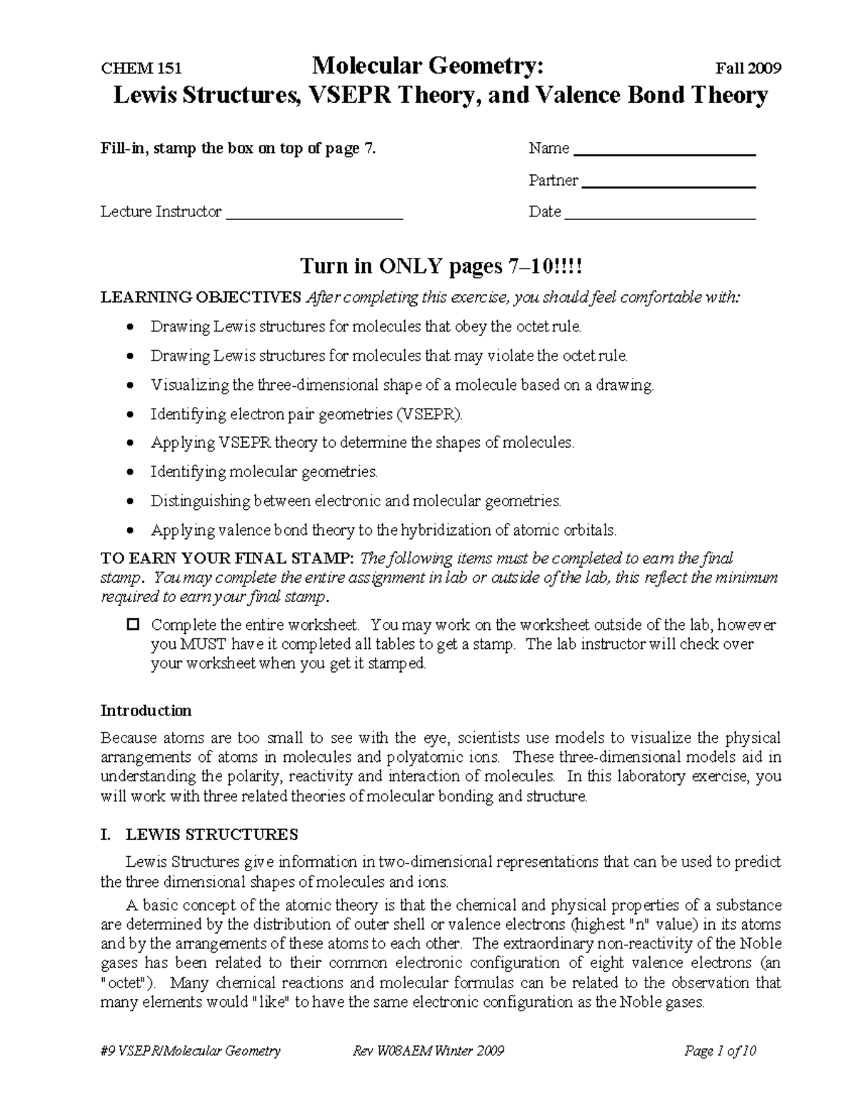 Vsepr Extra practice no angles pg 7-9 - CHEM 151 Molecular Geometry ...