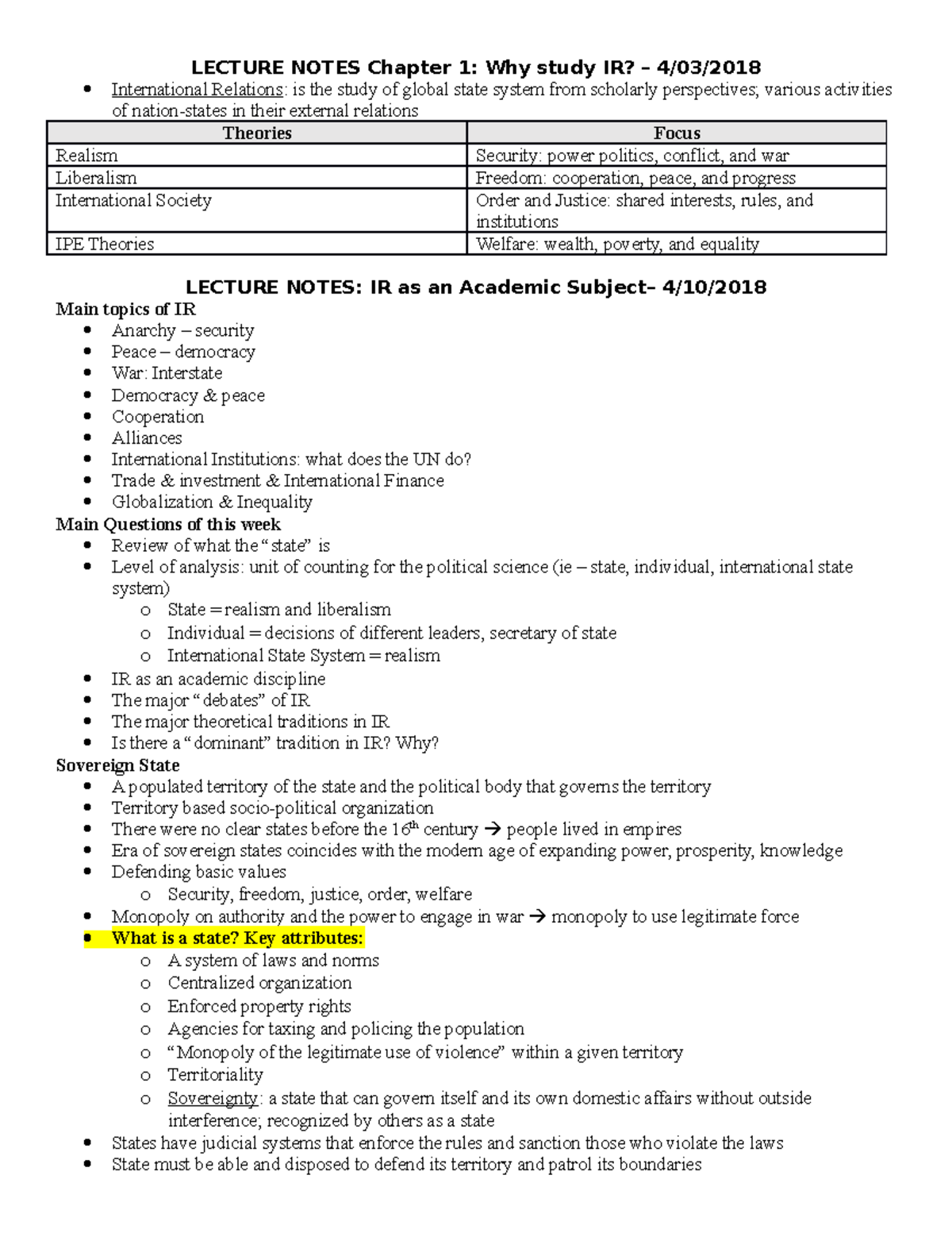 POSC124S Lecture Notes - LECTURE NOTES Chapter 1: Why study IR? – 4/03 ...