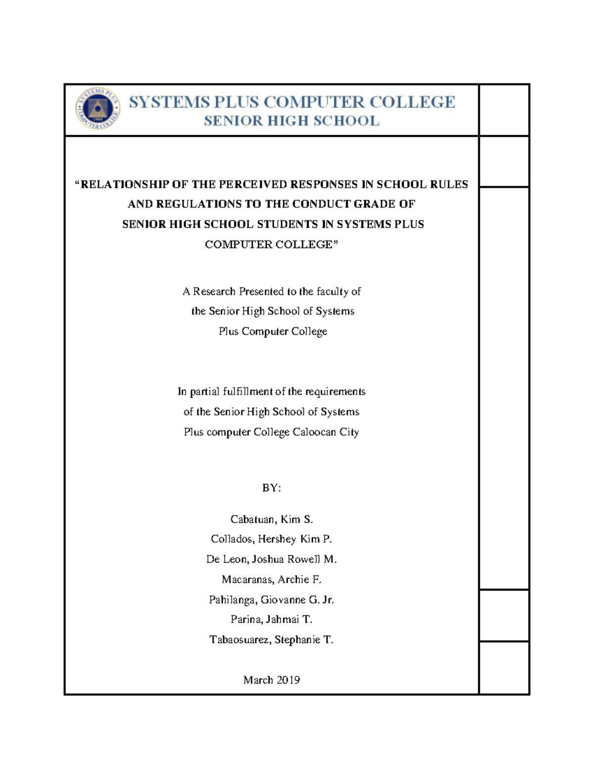 Backup 1 - Research Title: RELATIONSHIP OF THE PERCEIVED RESPONSES IN ...
