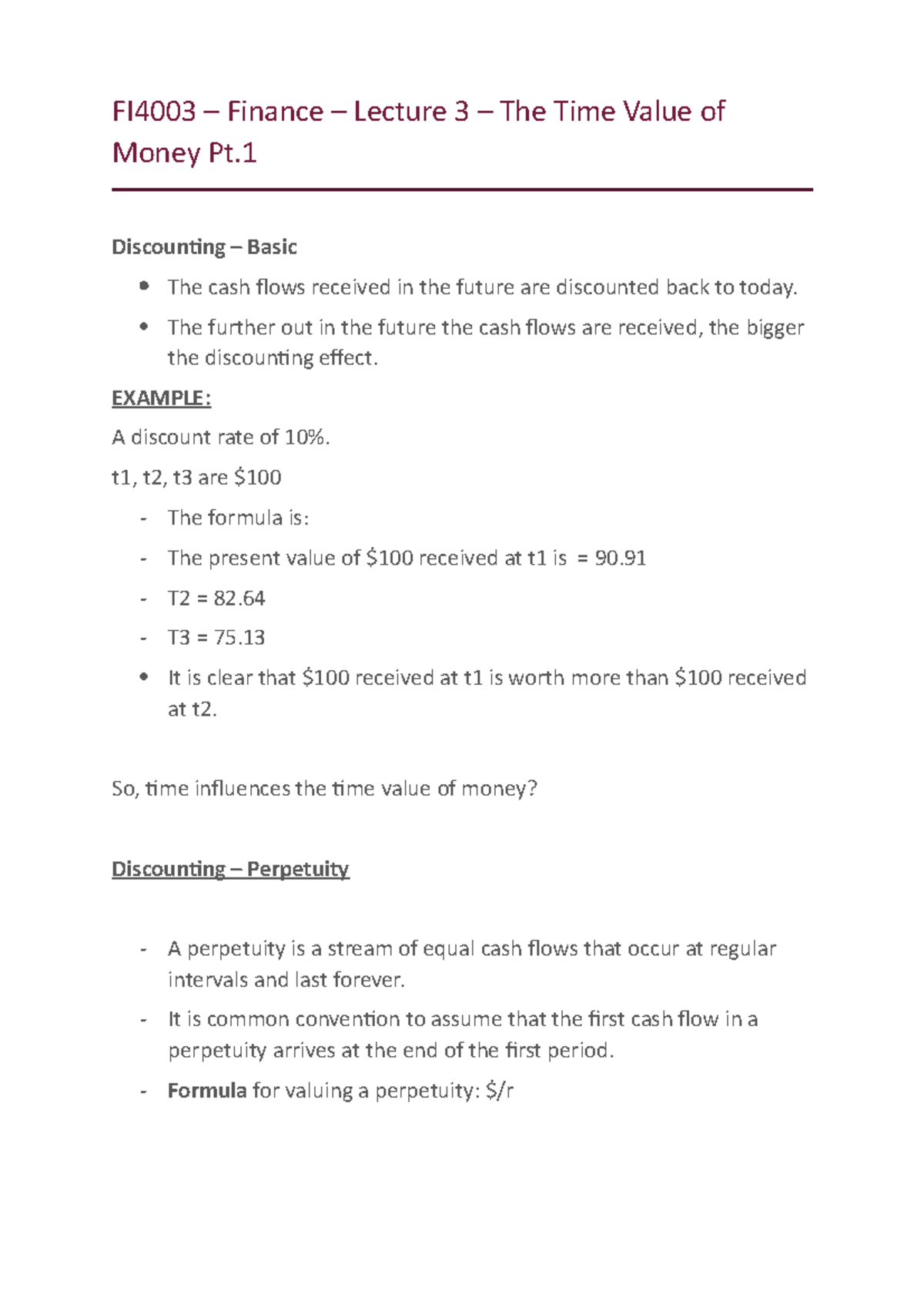 FI4003 - Lecture 3 - Week 2 - FI4003 – Finance – Lecture 3 – The Time ...