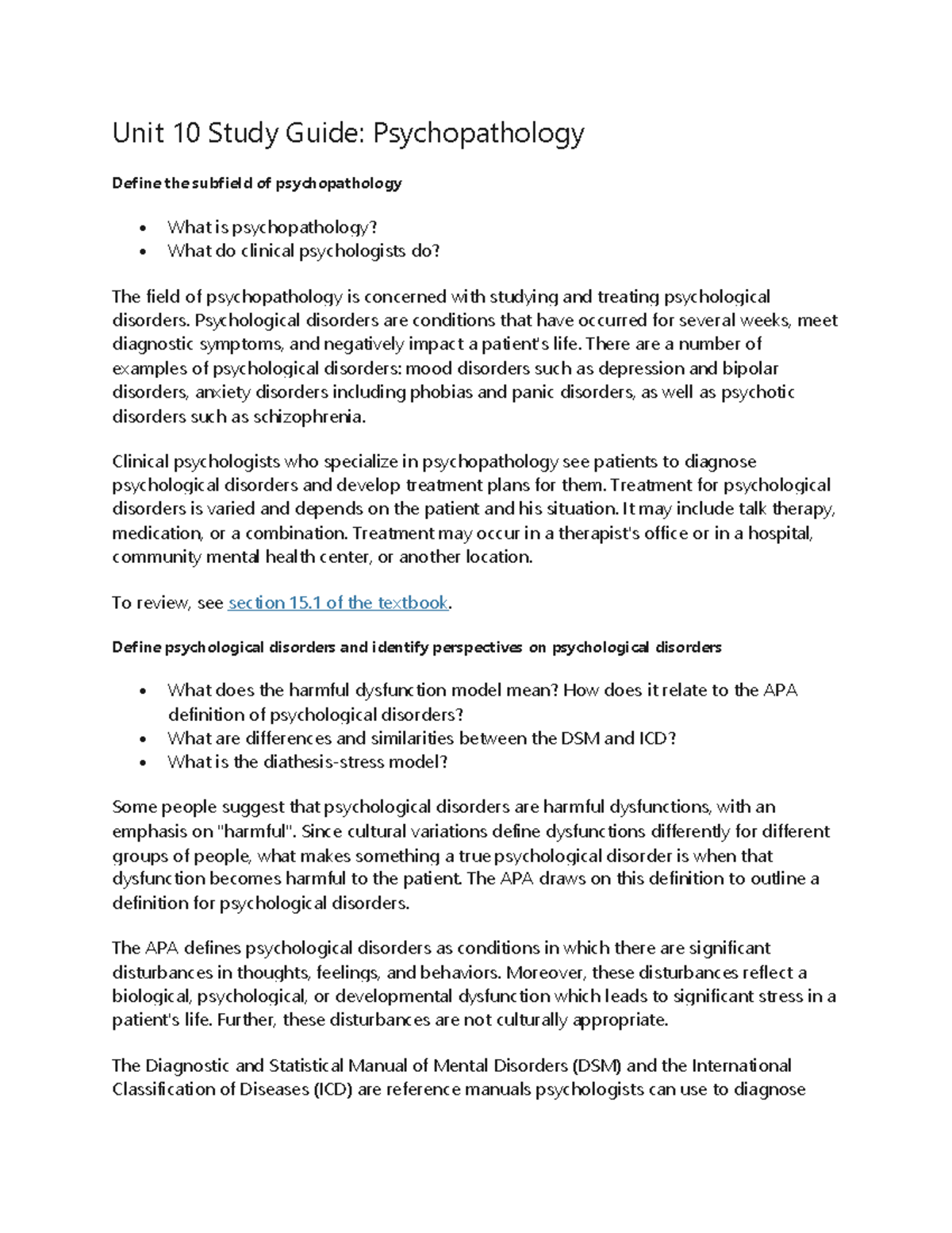 Unit 10 Study Guide - Unit 10 Study Guide: Psychopathology Define the ...