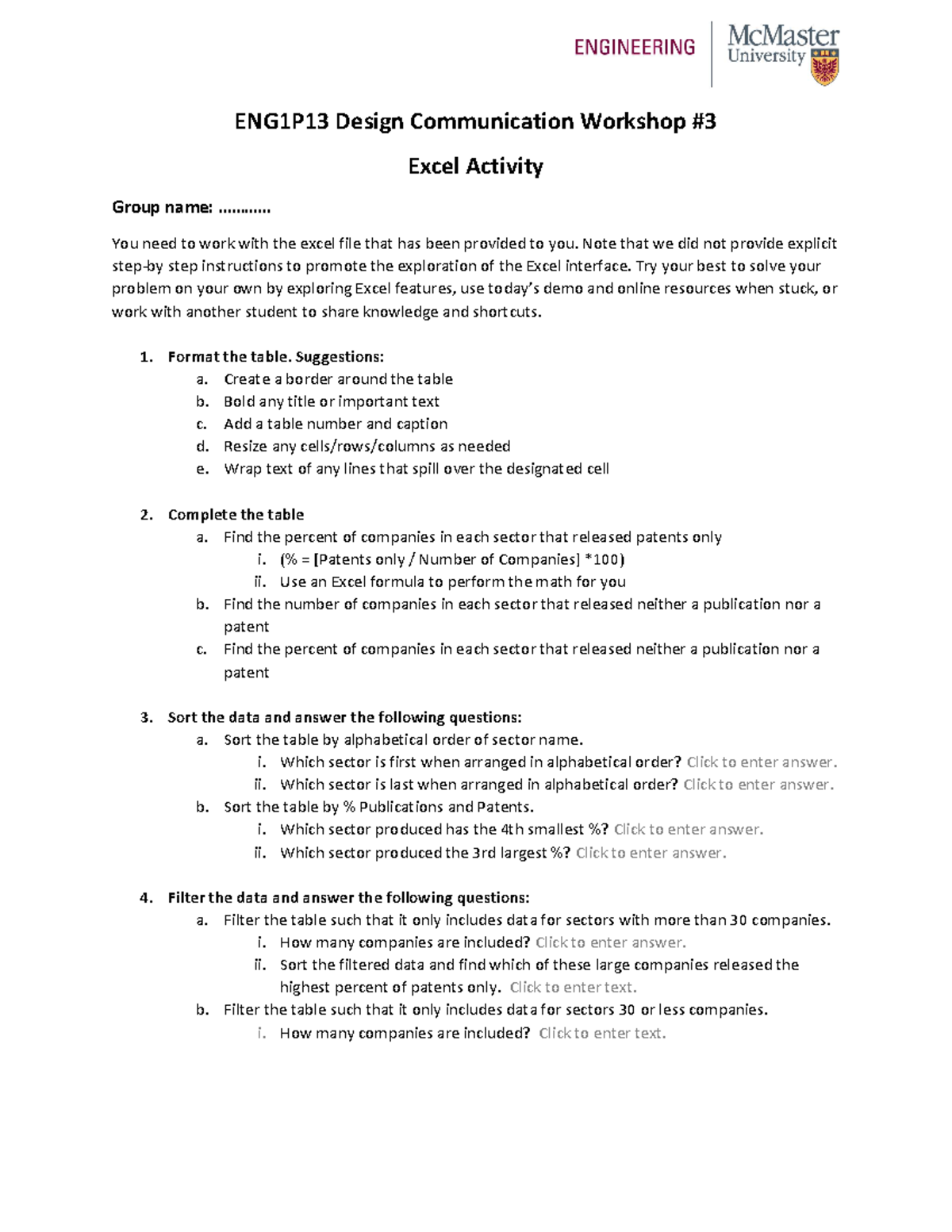 ENG 1P13 Design Communication Workshop #3 Excel - ENG1P13 Design ...