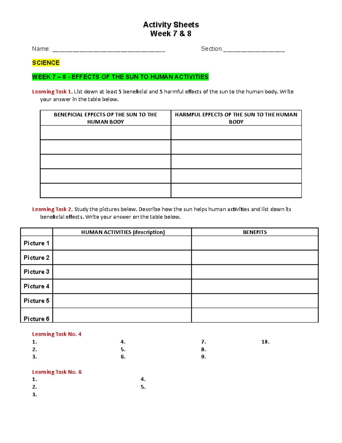 Activity Sheets 7-8 4th - Activity Sheets Week 7 & 8 Name