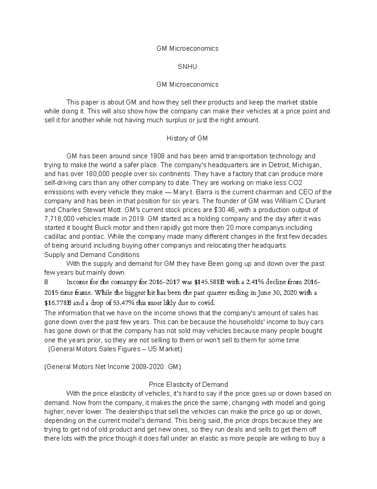 Eco 201 Project Milestone one - GM Microeconomics SNHU GM ...