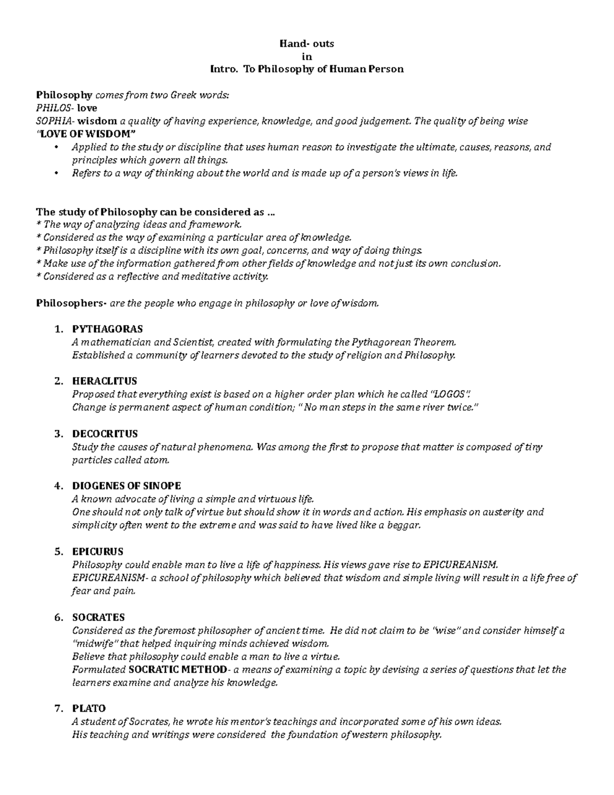 Hand-outs - To easily learn - Hand- outs in Intro. To Philosophy of ...