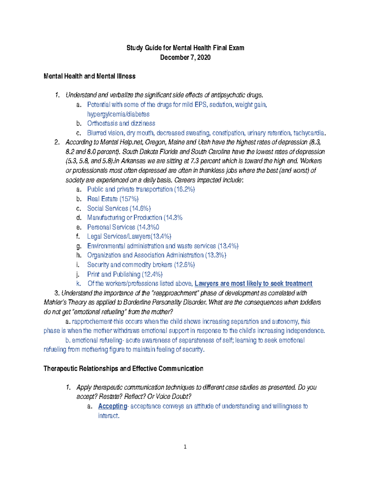 Mental Health Final end of semester Study Guide - NURS 1420 - StuDocu