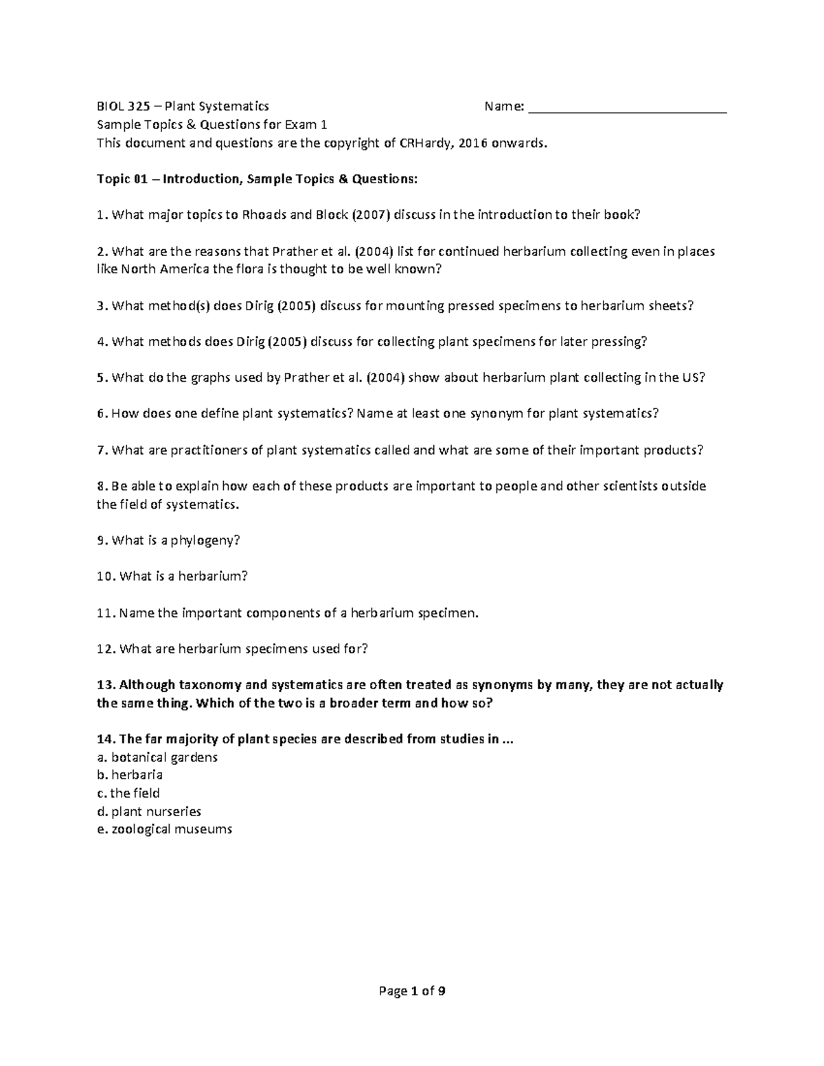 pLANT SYSTEMATICS LABORATORY - BIOL 325 – Plant Systematics Name