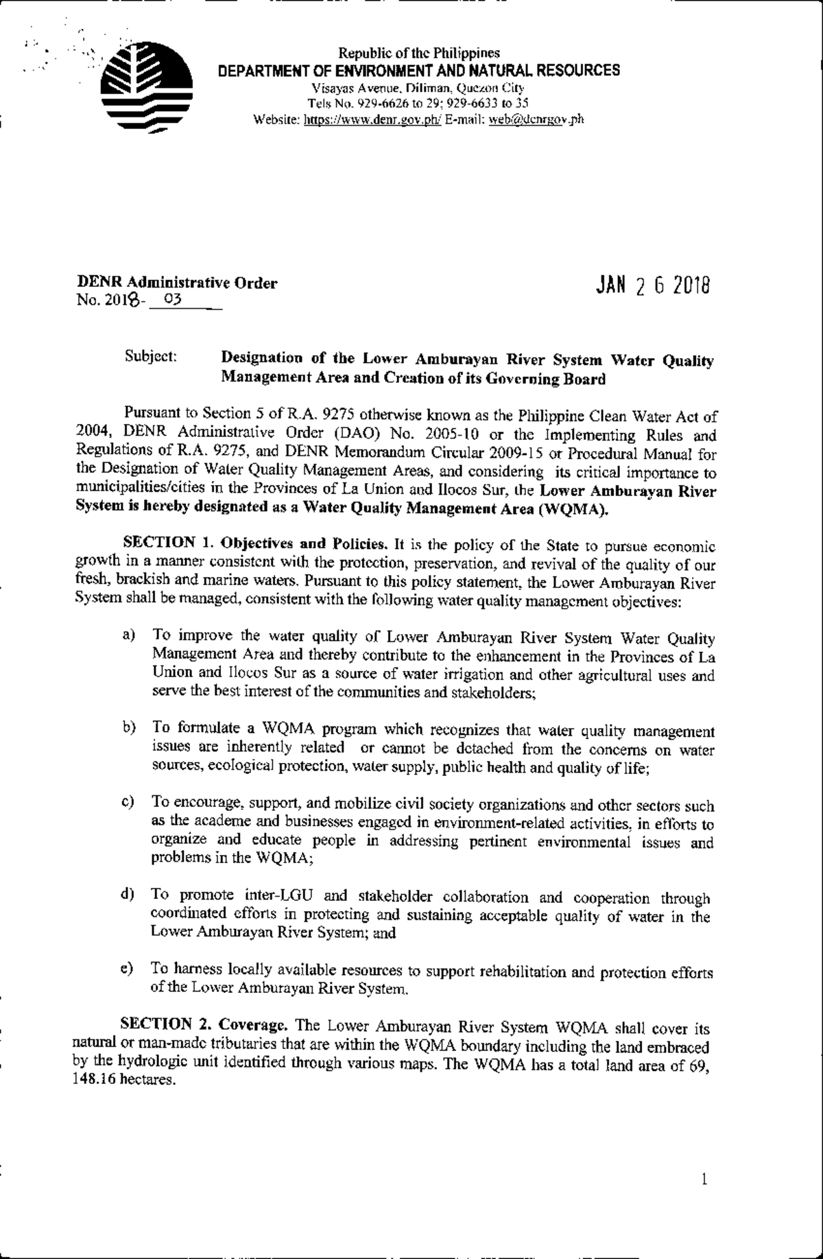 Dao-2018-03 Designation OF THE Lower Amburayan River System Water ...