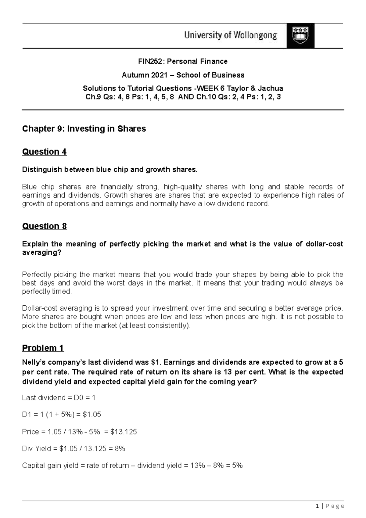 FIN252 Tutorial Topic 5 solutions - FIN252: Personal Finance Autumn ...