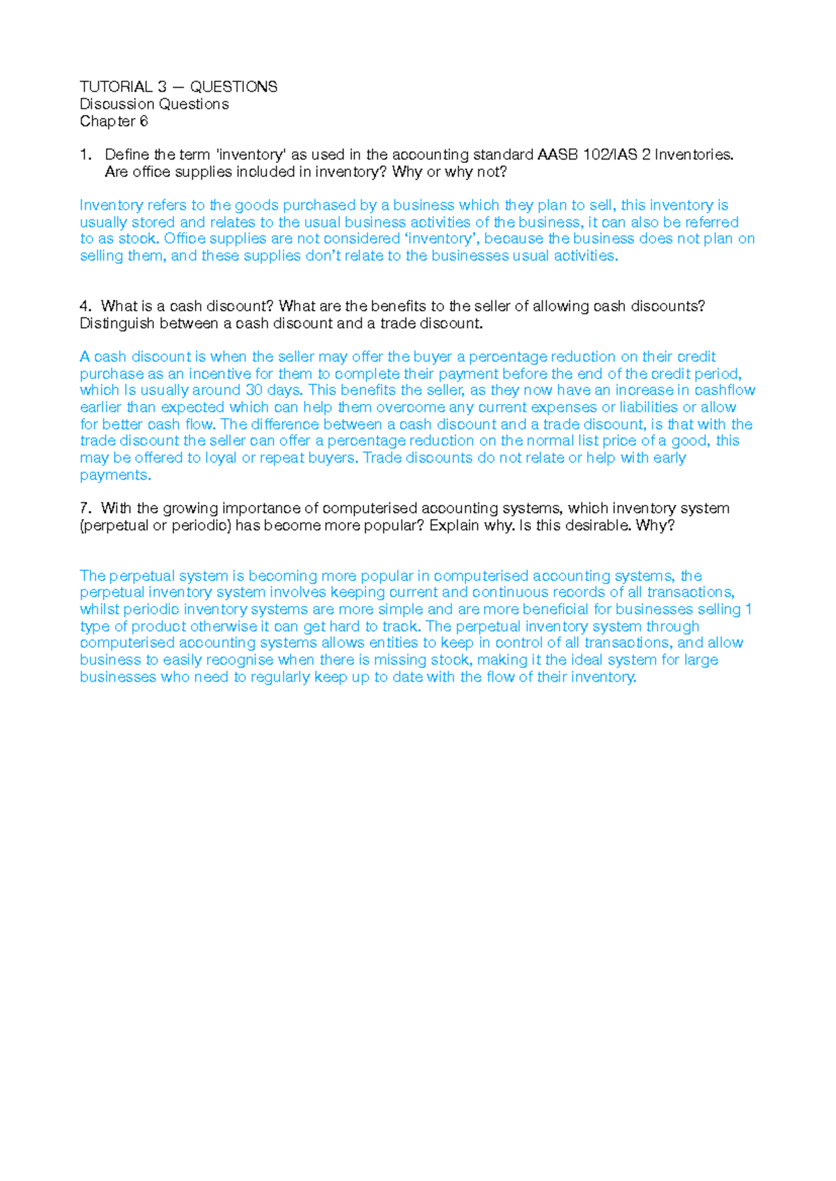 Tute 3 Acct - Tutorial answers week 3 - TUTORIAL 3 — QUESTIONS Discussion Questions Chapter 6 1 ...