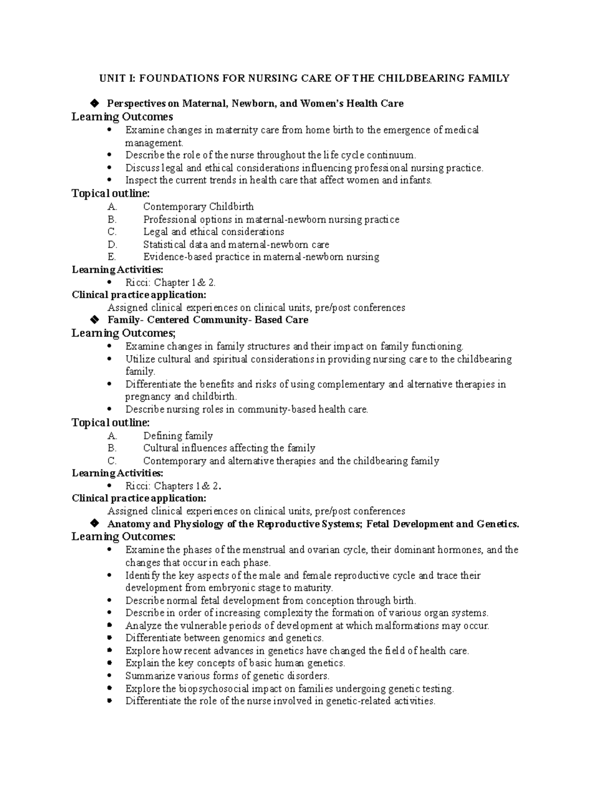 Exam 1 - mother baby - UNIT I: FOUNDATIONS FOR NURSING CARE OF THE ...
