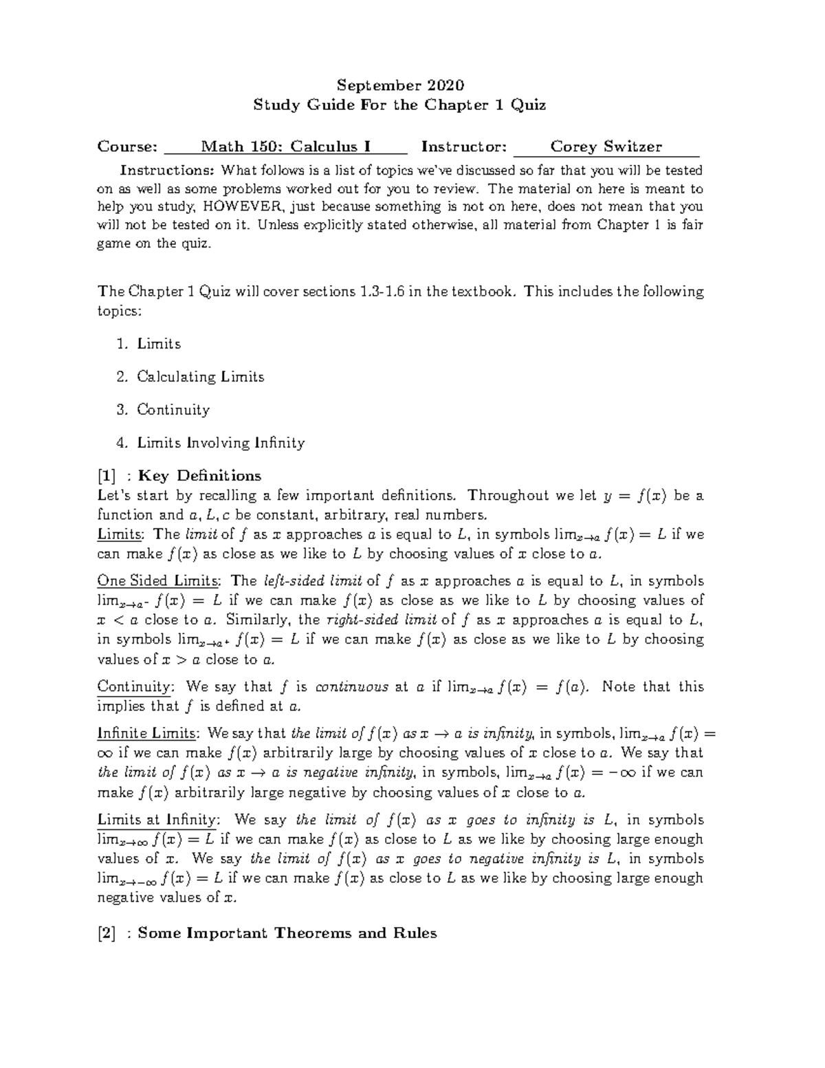 Chapter 1 Study Guide - September 2020 Study Guide For the Chapter 1 ...