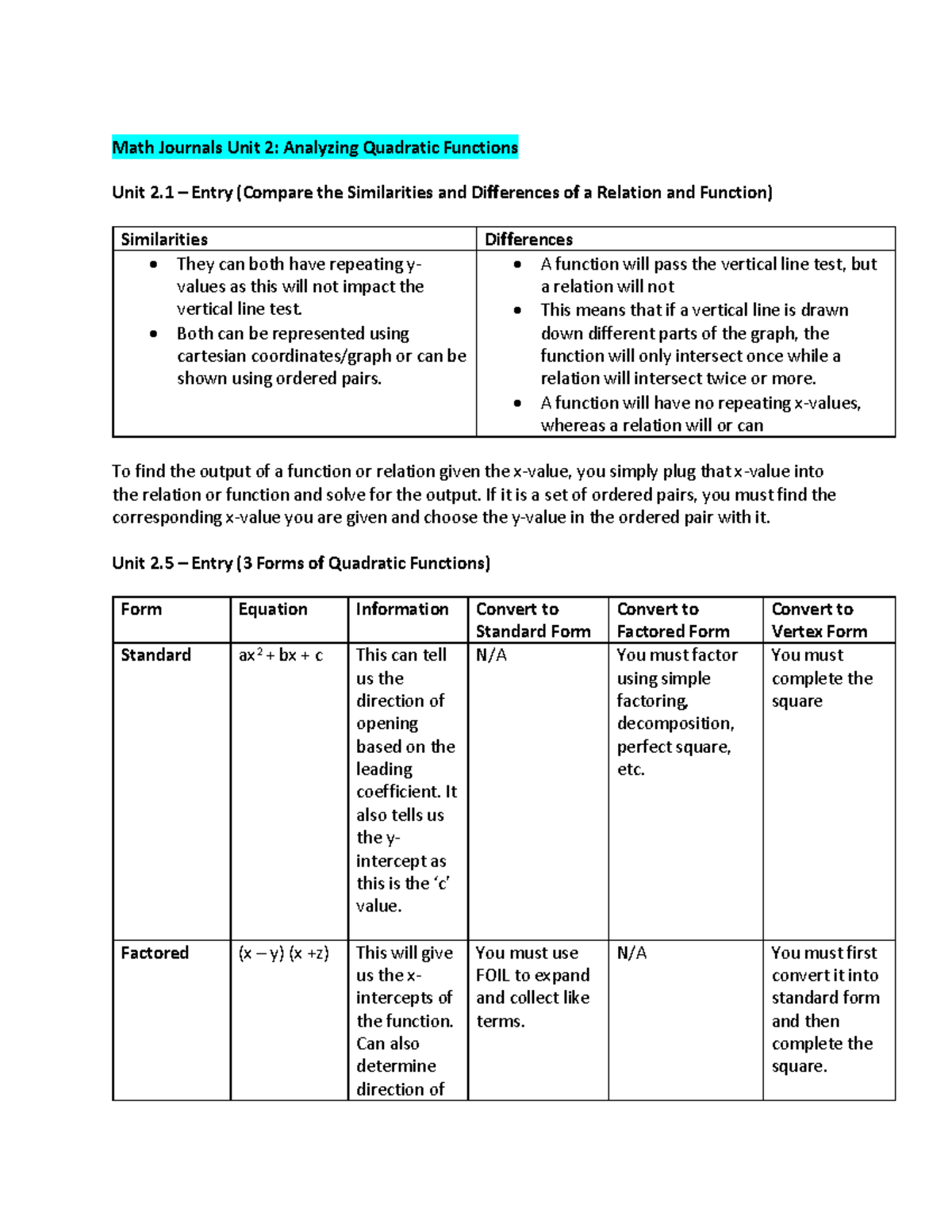 2 Math Journal - COURSE NOTES - Math Journals Unit 2: Analyzing ...