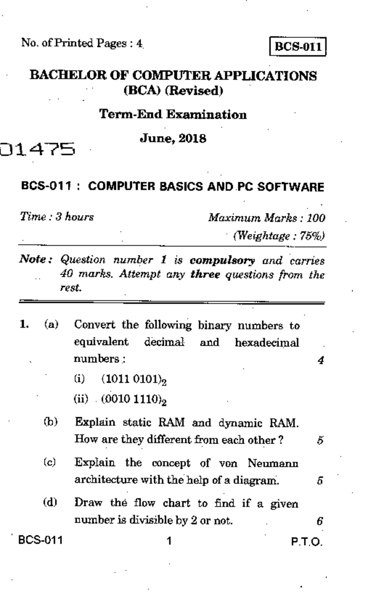 Exam June 2018, questions - No. of Printed Pages : 4 BACHELOR OF ...