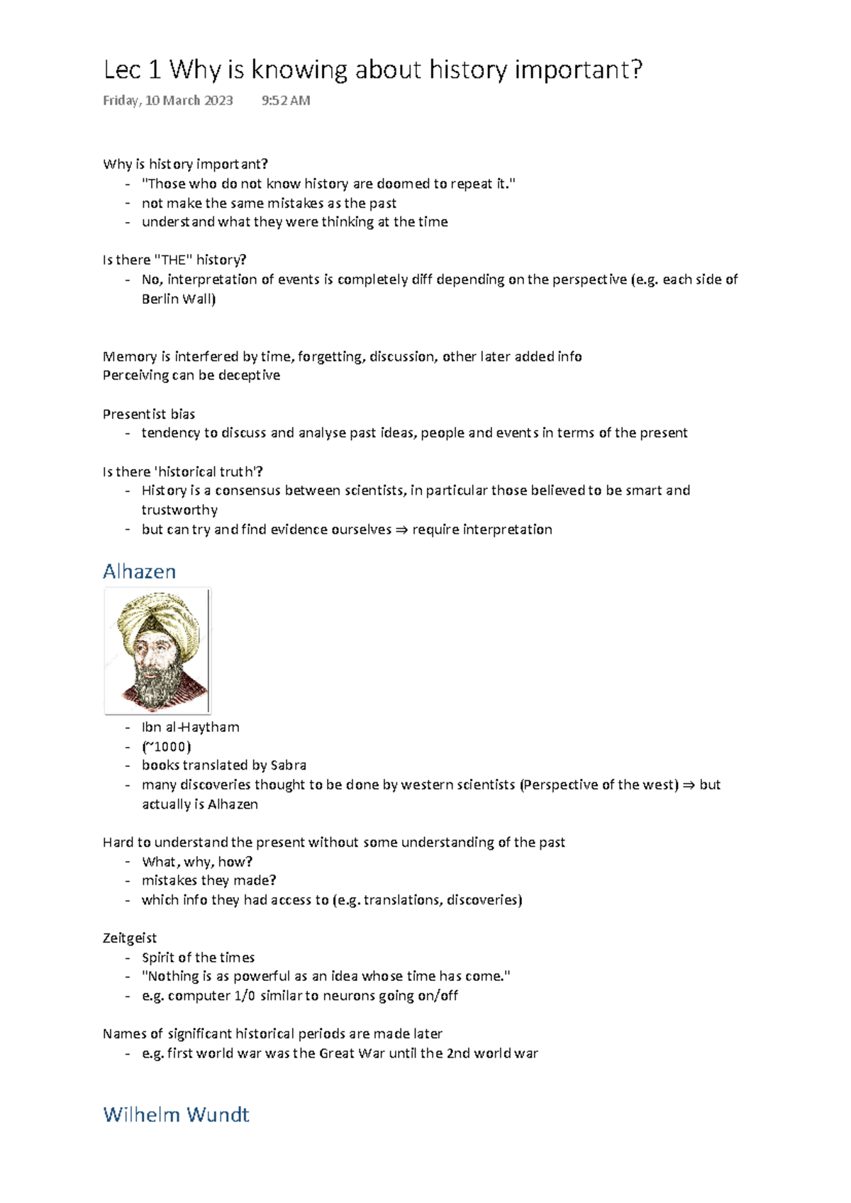 PSYC1001 Lec 1 - Why is history important? - "Those who do not know ...