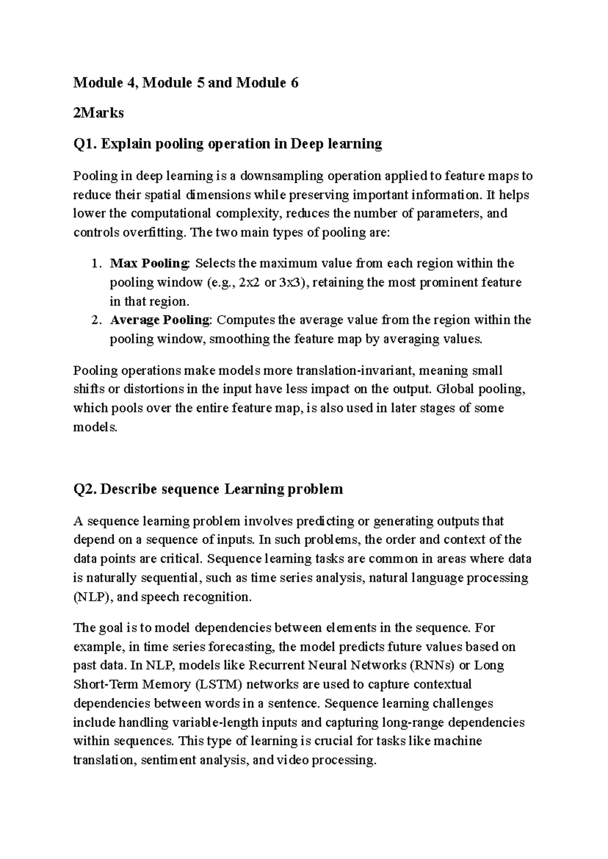 IA2 Question bank Answers - Module 4, Module 5 and Module 6 2Marks Q1. Explain pooling operation ...