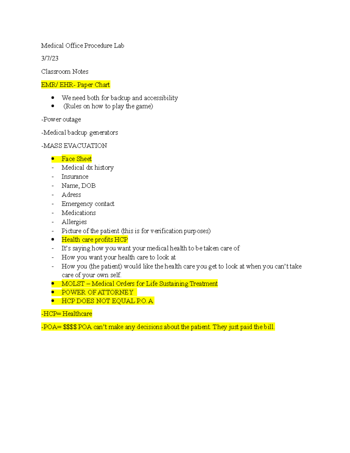 Medical Office Procedure Class Notes - Medical Office Procedure Lab 3/7 ...