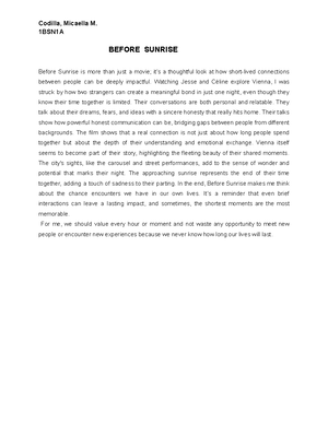 Before Sunrise - essay - Codilla, Micaella M. 1BSN1A BEFORE SUNRISE ...