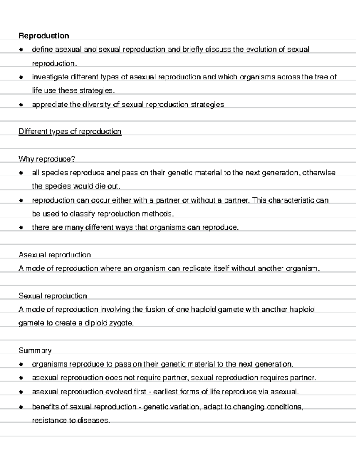 1 Exploring diversity - Reproduction define asexual and sexual ...