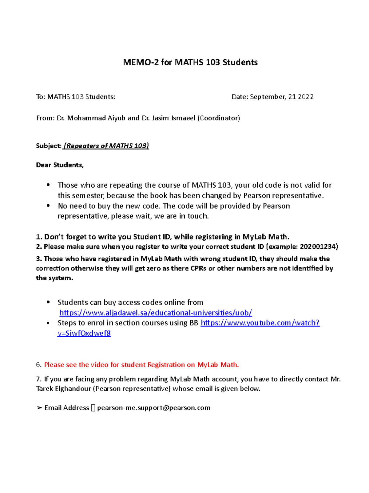 Memo-2( M-103, 22-23-1S) - MEMO-2 for MATHS 103 Students To: MATHS 103 ...