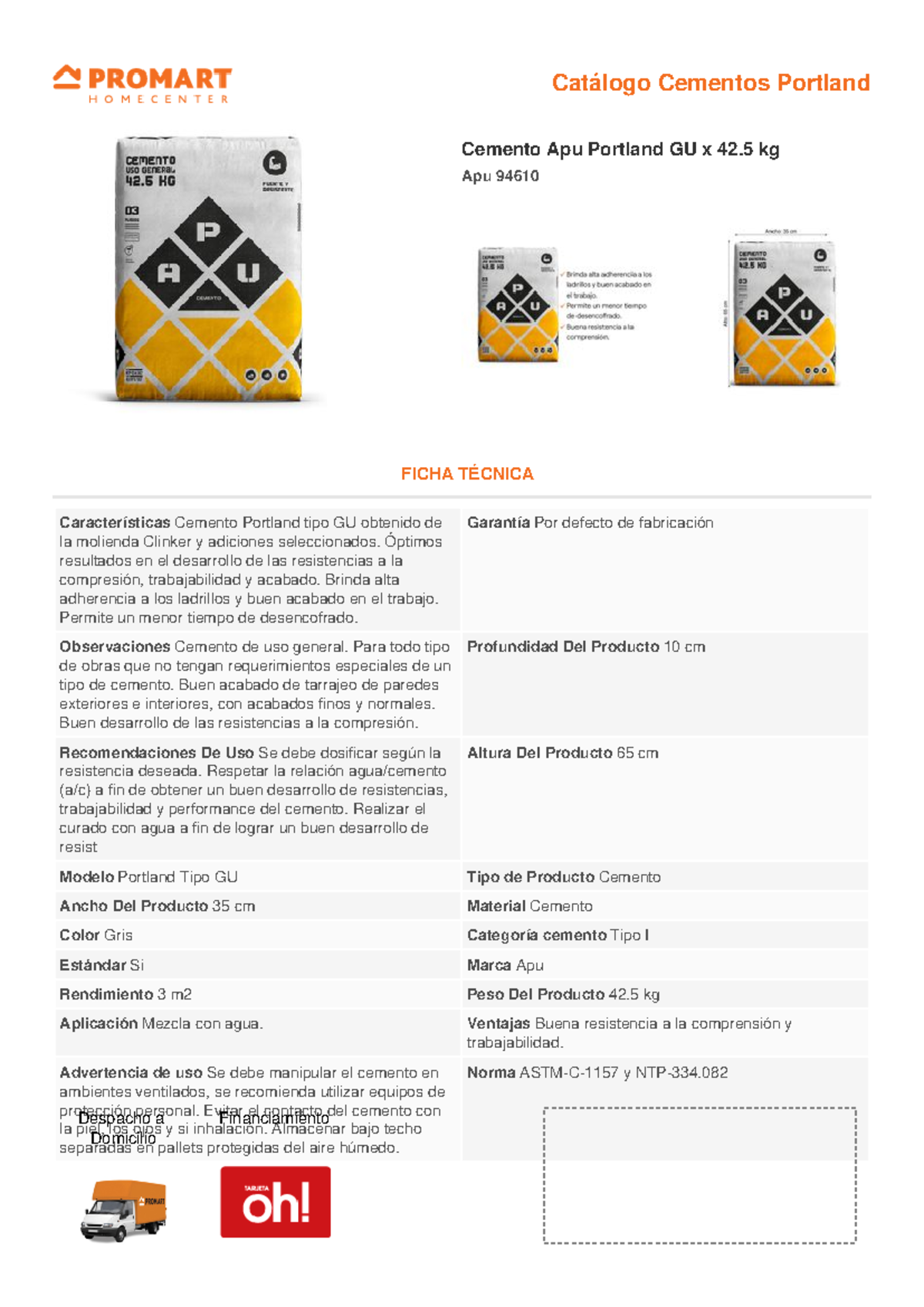 Promart - Catálogo Cementos Portland Cemento Apu Portland GU x 42 kg Apu 94610 FICHA TÉCNICA ...
