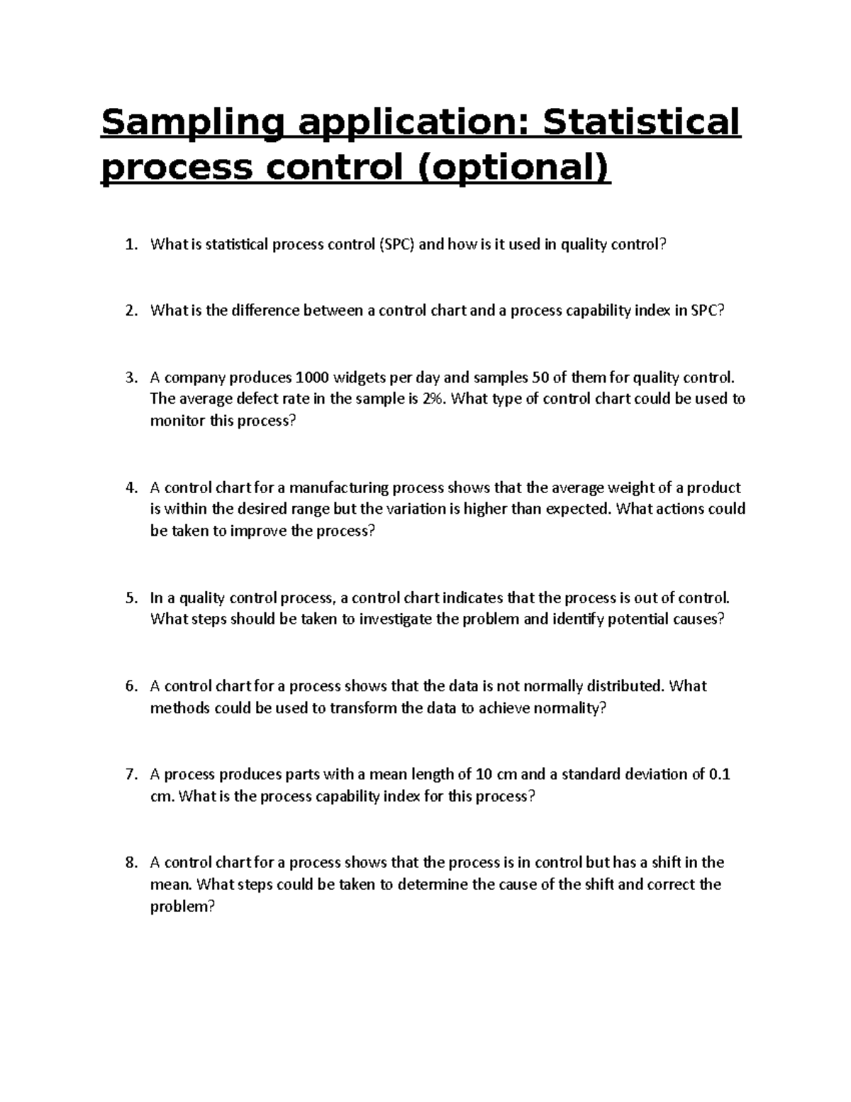 Statistical process control (optional)-Theory word problems - Sampling application: Statistical ...
