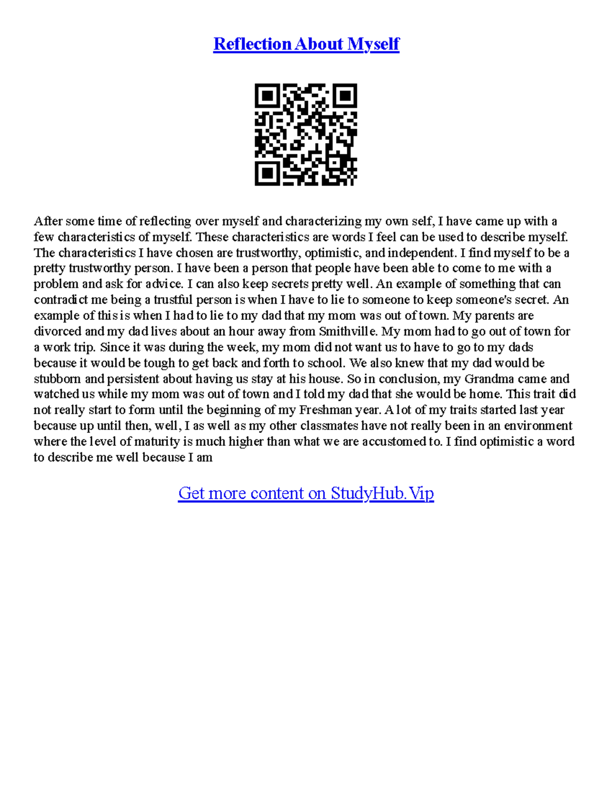 Example Of An Essay About Yourself - Reflection About Myself After some ...