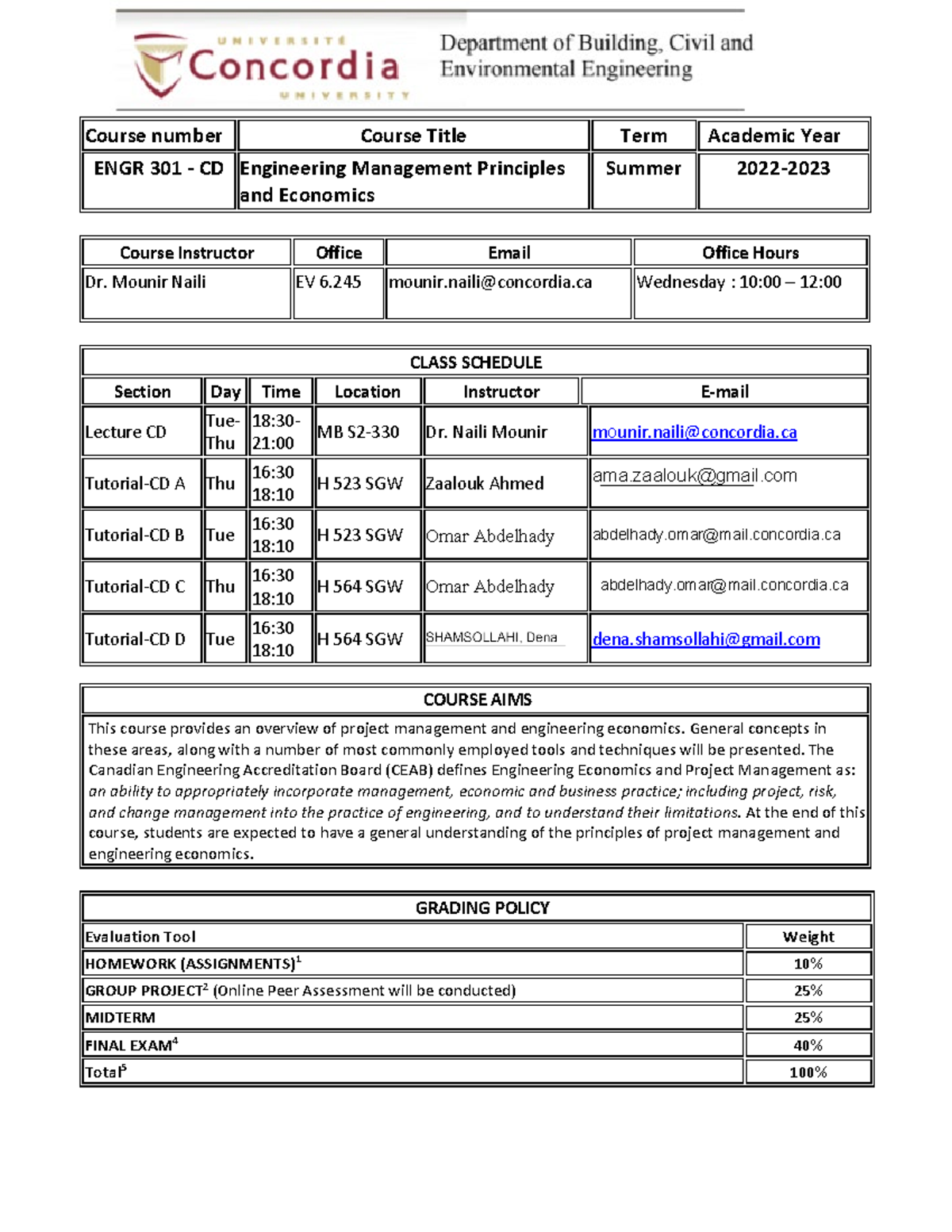 Course Outline - Course number Course Title Term Academic Year ENGR 301 ...