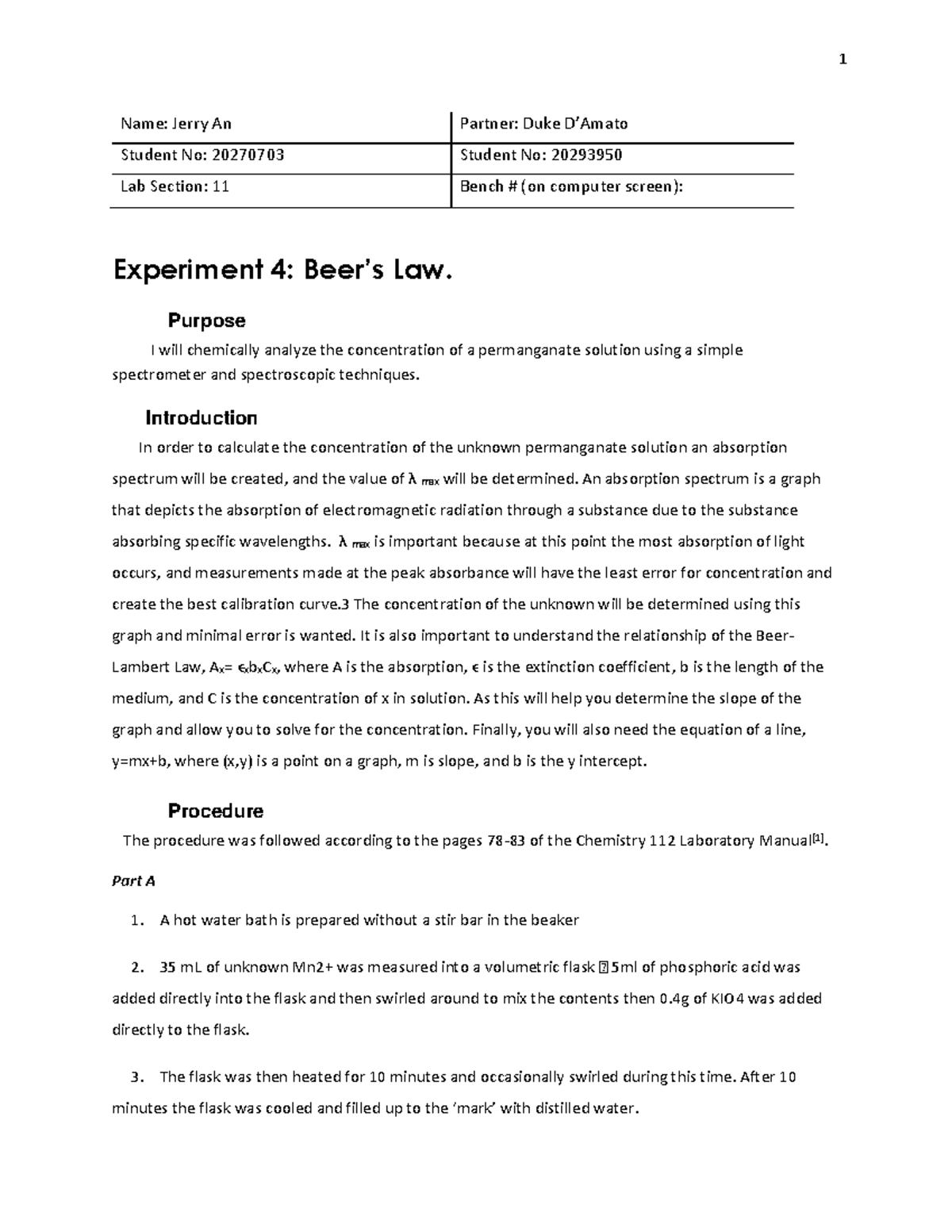 Template Beers Law lab report- first year chem - Name: Jerry An Partner ...