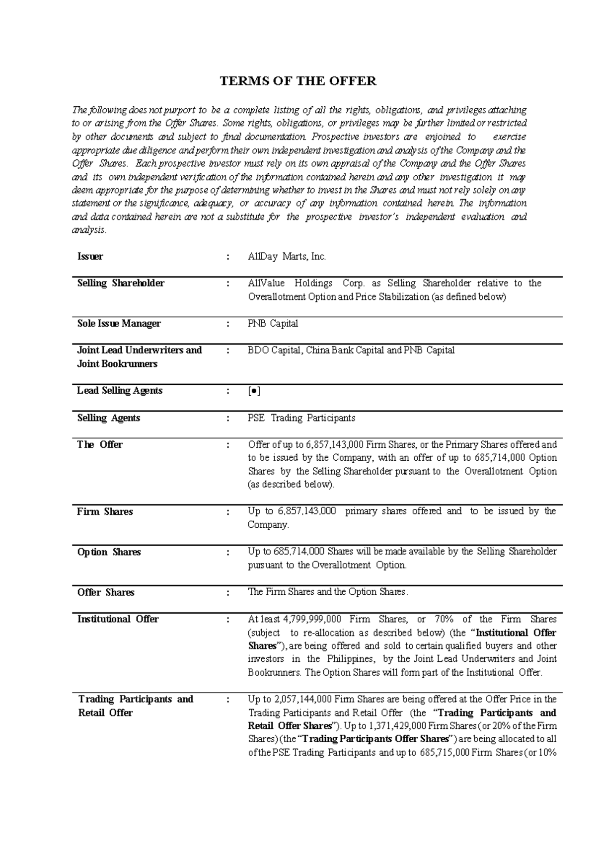 All Day - Offer Term Sheet - TERMS OF THE OFFER The following does not ...