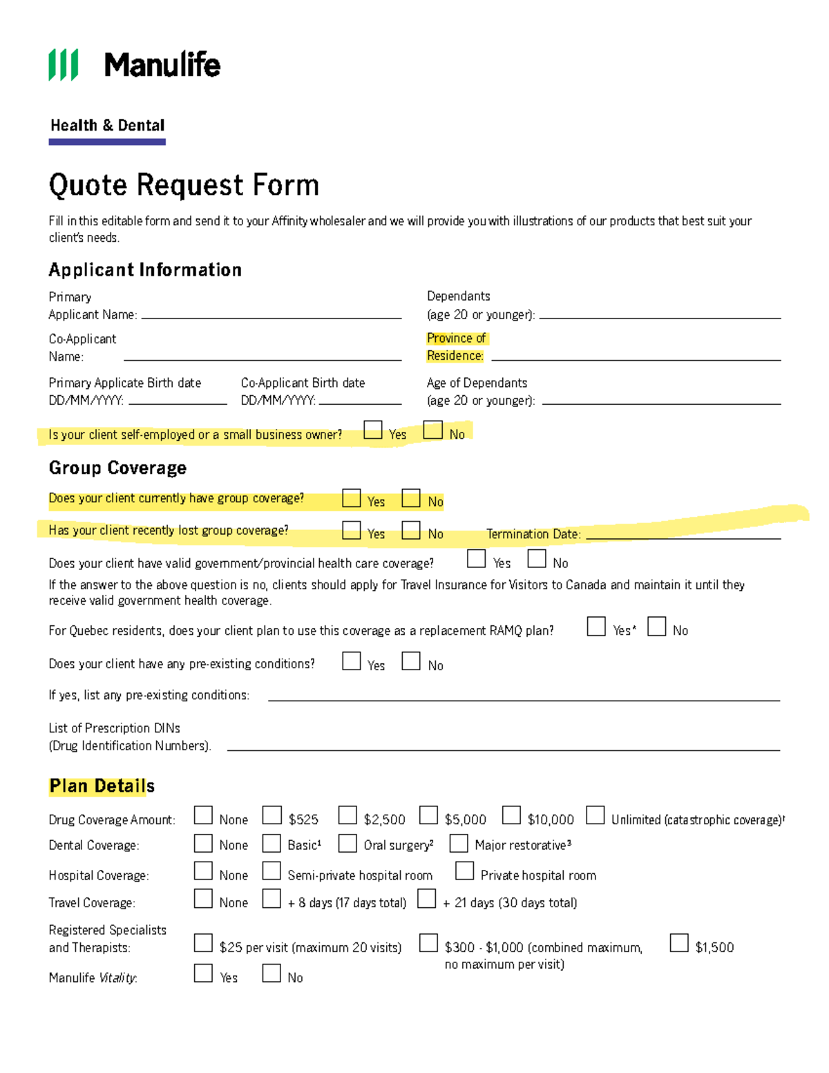 Health and Dental Quote Request Form(To be completed) - Health & Dental ...