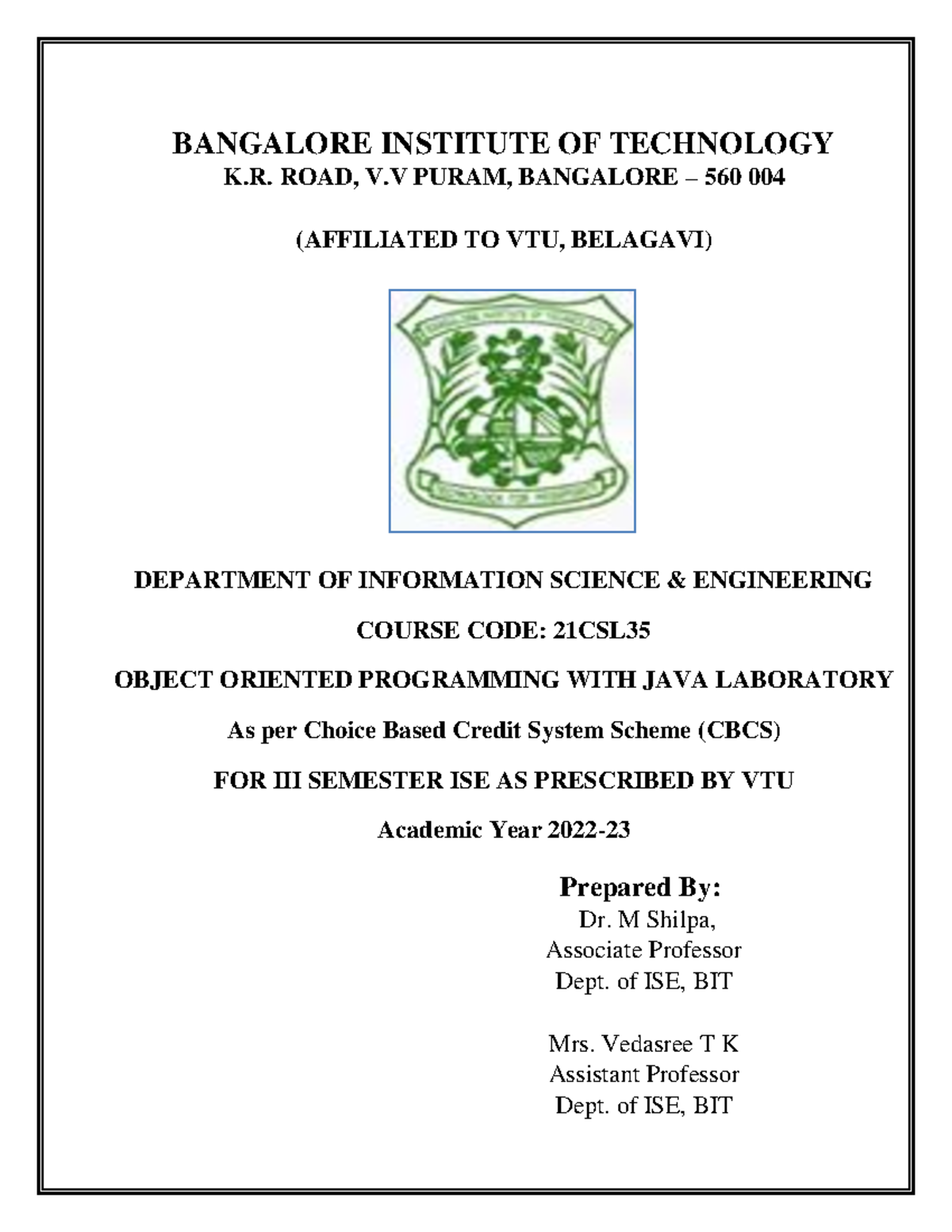 Java manual - BANGALORE INSTITUTE OF TECHNOLOGY K. ROAD, V PURAM ...