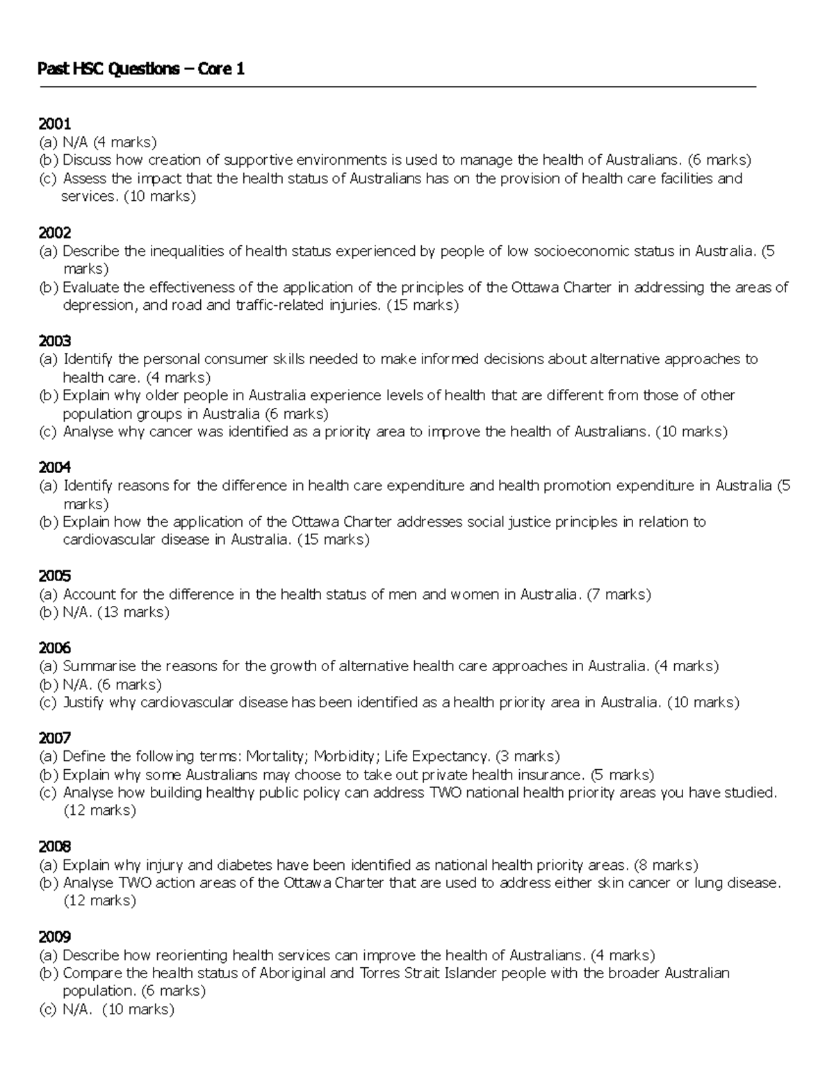 Past HSC Questions - Core 1 - Past HSC Questions – Core 1 2001 (a) N/A ...
