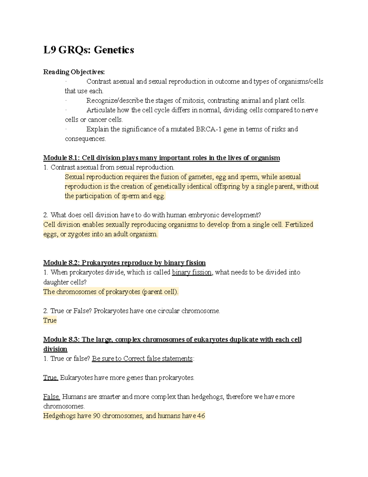L9 GRQs Genetics - L9 GRQs: Genetics Reading Objectives: · Contrast ...