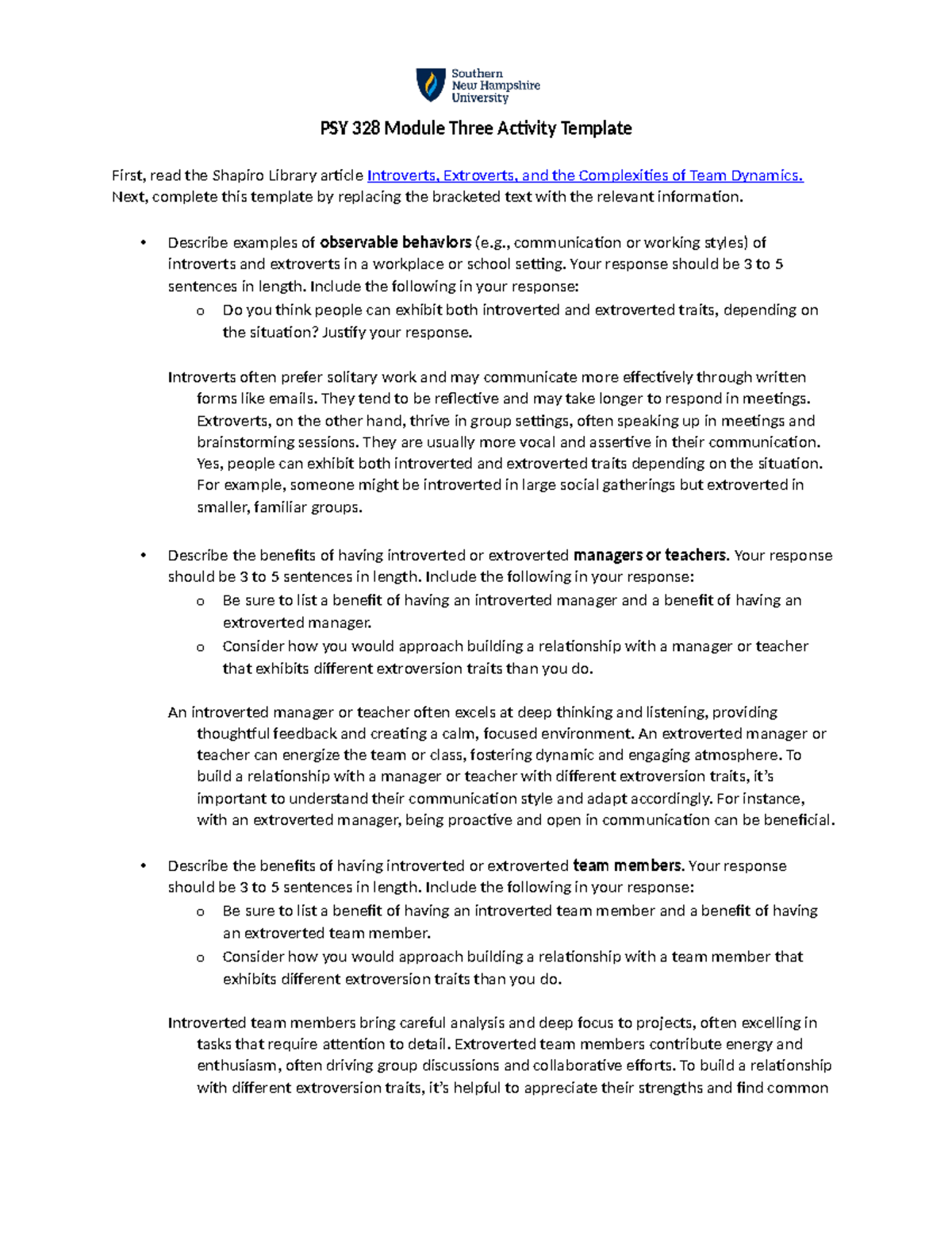 PSY 328 Module Three Activity - Next, complete this template by replacing the bracketed text ...